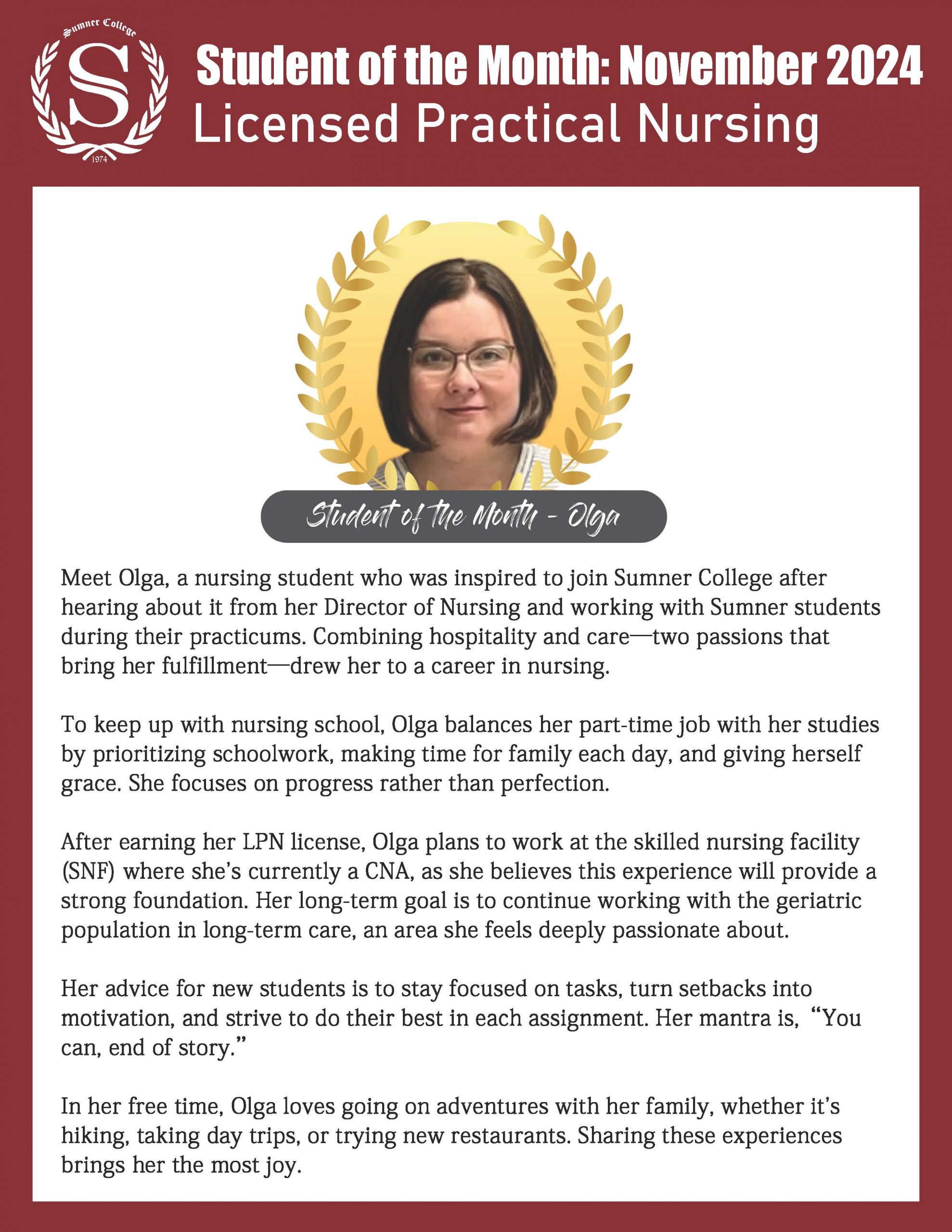Sumner College Student of the Month | November 2024 | Sumner College